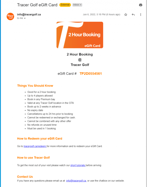 Indoor Golf eGift Card | TracerGolf